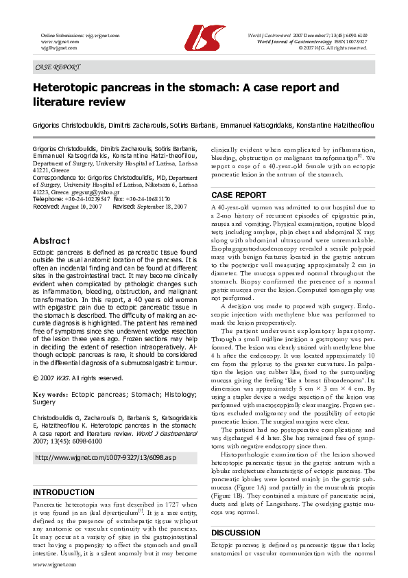 (PDF) Heterotopic pancreas in the stomach: A case report and literature review