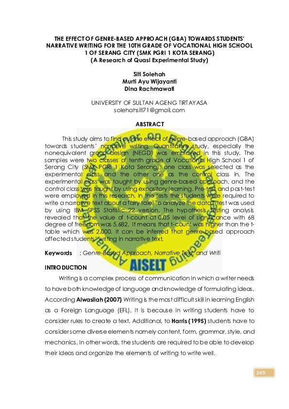 (PDF) THE EFFECT OF GENRE-BASED APPROACH (GBA) TOWARDS STUDENTS ...
