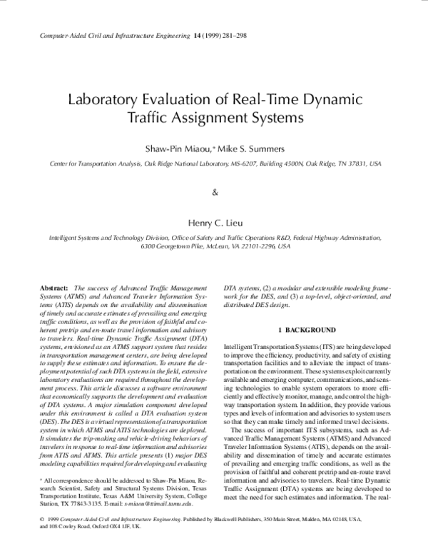 Pdf Laboratory Evaluation Of Real Time Dynamic Traffic Assignment Systems
