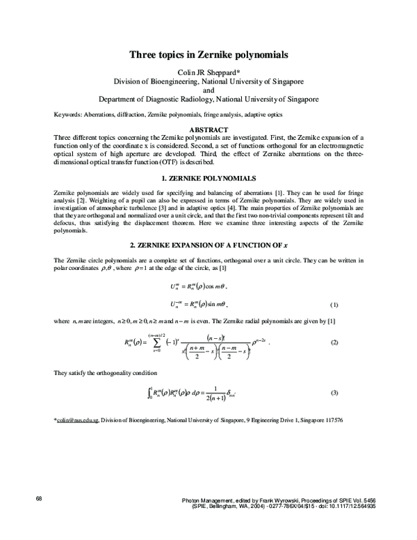 (PDF) Three topics in Zernike polynomials