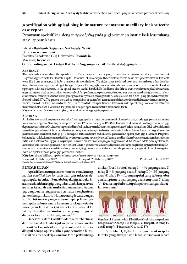 (PDF) Apexification with apical plug in immature permanent maxillary ...