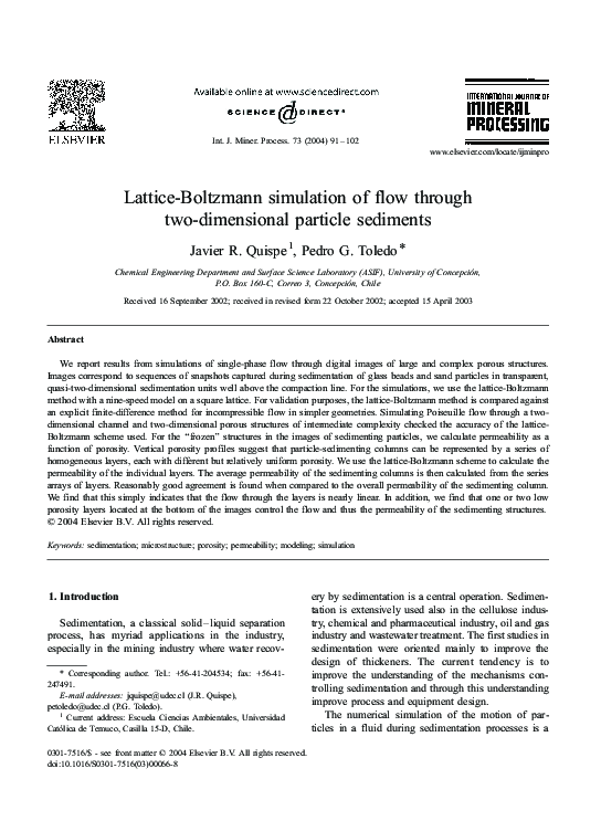 Pdf Lattice Boltzmann Simulation Of Flow Through Two Dimensional Particle Sediments Javier