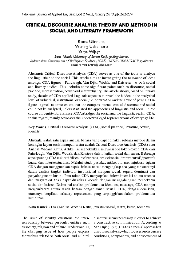(PDF) Critical Discourse Analysis: Theory and Method in Social and Literary Framework