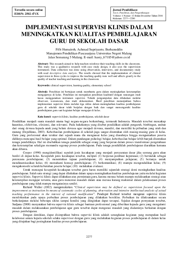 (PDF) Implementasi Supervisi Klinis dalam Meningkatkan Kualitas Pembelajaran Guru di Sekolah Dasar