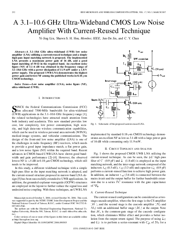 (PDF) A 3.1-10.6 GHz Ultra-Wideband CMOS Low Noise Amplifier With Current-Reused Technique