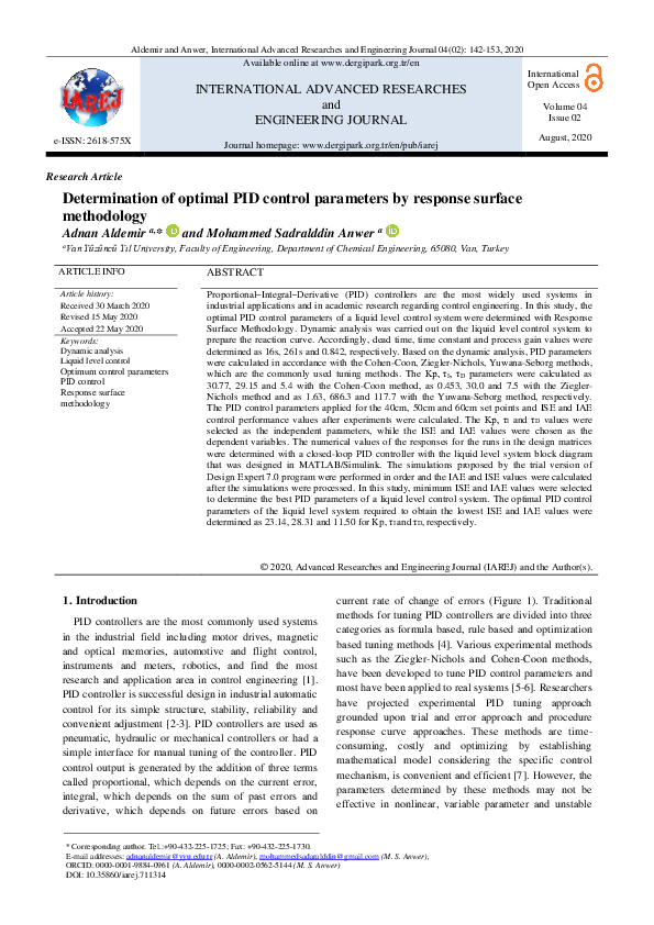 (PDF) Determination of optimal PID control parameters by response surface methodology
