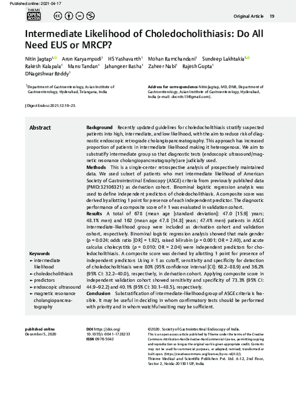 (PDF) Intermediate Likelihood of Choledocholithiasis: Do All Need EUS ...