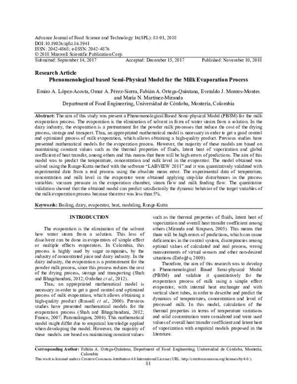 (PDF) Phenomenological based Semi-Physical Model for the Milk Evaporation Process