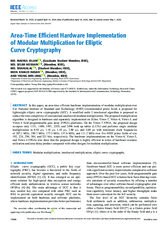 (PDF) Area-Time Efficient Hardware Implementation of Modular Multiplication for Elliptic Curve ...