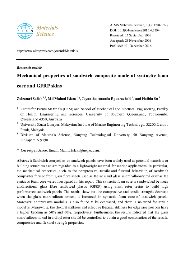 (PDF) Mechanical properties of sandwich composite made of syntactic ...