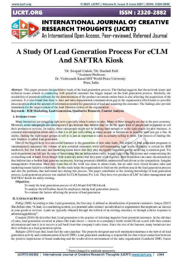 (PDF) A Study Of Lead Generation Process For eCLM