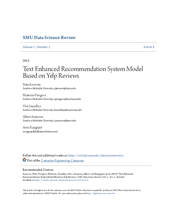 (PDF) Text Enhanced Recommendation System Model Based on Yelp Reviews