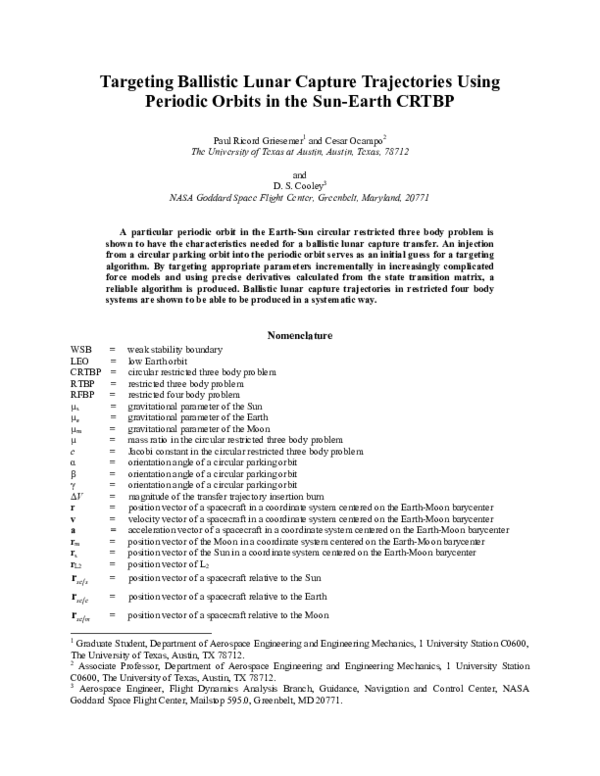 Pdf Targeting Ballistic Lunar Capture Trajectories Using Periodic Orbits