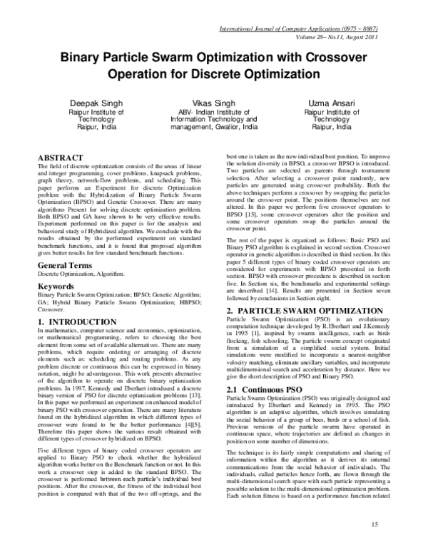 (PDF) Binary Particle Swarm Optimization with Crossover Operation for Discrete Optimization