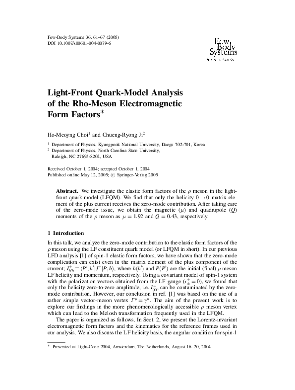 Pdf Light Front Quark Model Analysis Of The Rho Meson Electromagnetic