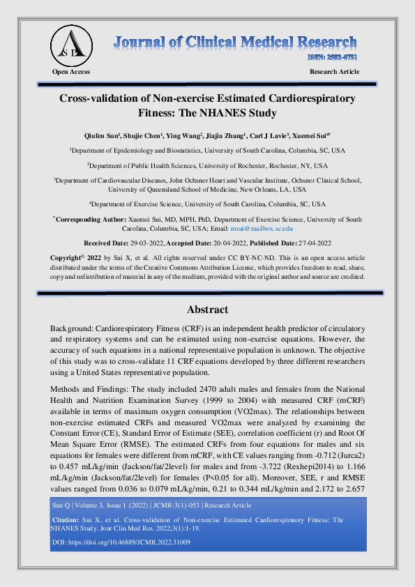 Pdf Cross Validation Of Non Exercise Estimated Cardiorespiratory