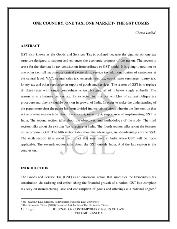 (PDF) One Country, One Tax, One Market-The GST Comes