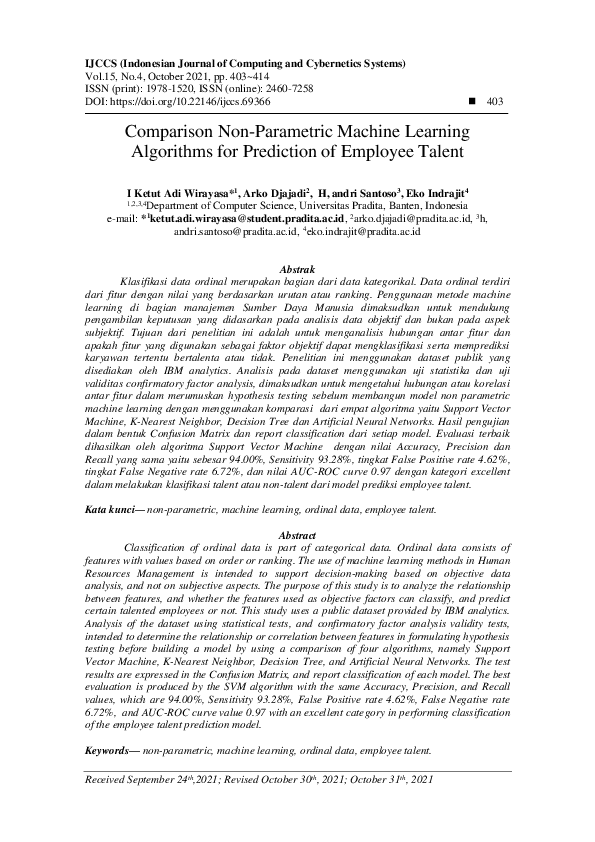 Pdf Comparison Non Parametric Machine Learning Algorithms For Prediction Of Employee Talent