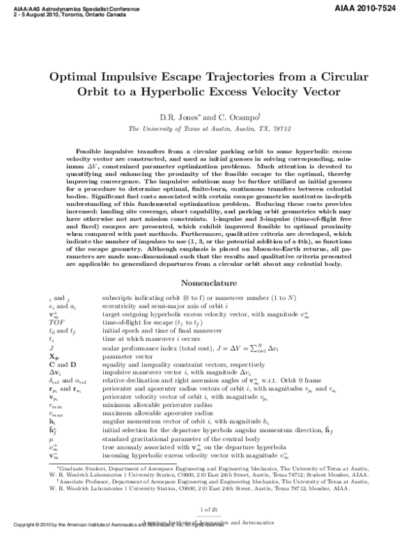 (PDF) Optimal Impulsive Escape Trajectories from a Circular Orbit to a Hyperbolic Excess ...