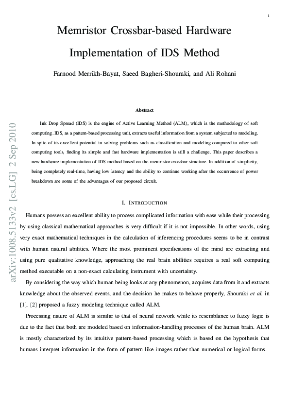 Pdf Memristor Crossbar Based Hardware Implementation Of The Ids Method