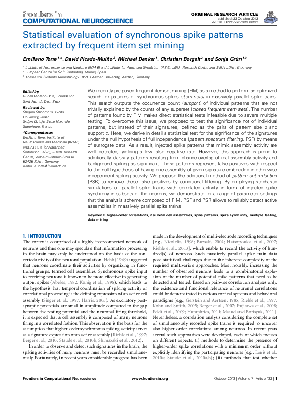 (PDF) Statistical evaluation of synchronous spike patterns extracted by frequent item set mining