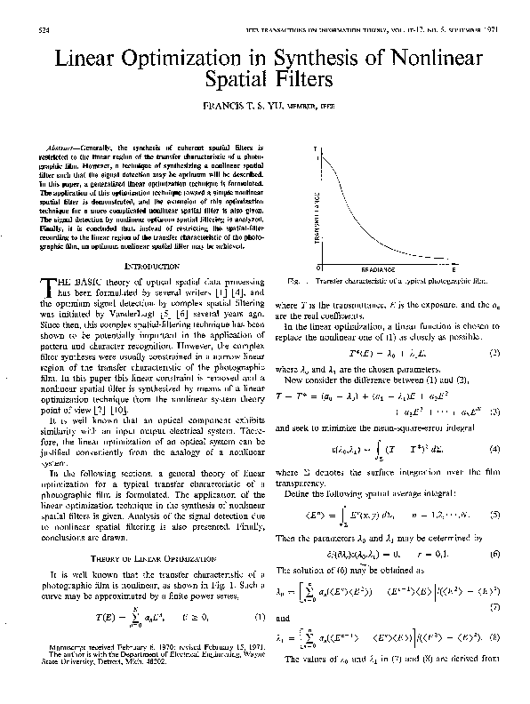 Pdf Linear Optimization In Synthesis Of Nonlinear Spatial Filters