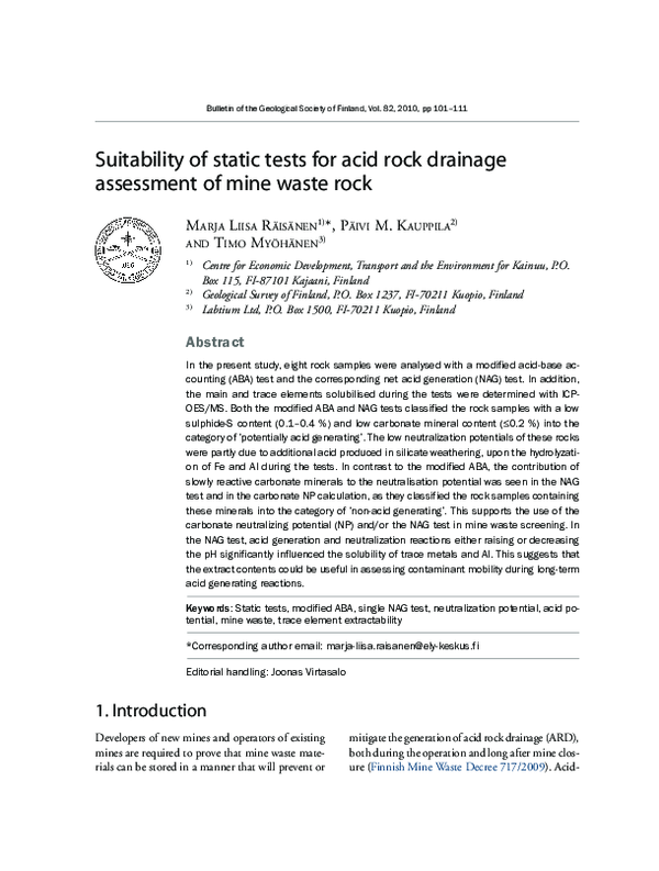 (PDF) Suitability of static tests for acid rock drainage assessment of ...