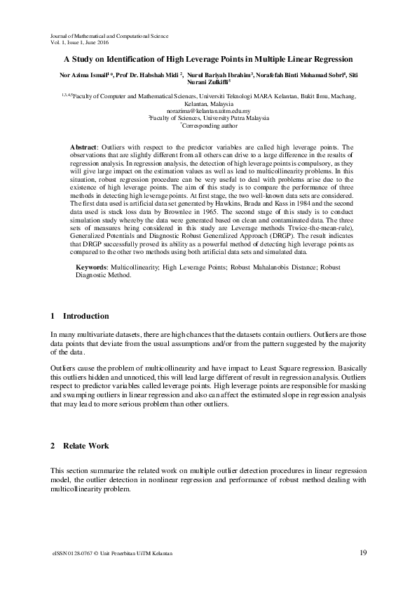 (PDF) A Study on Identification of High Leverage Points in Multiple Linear Regression