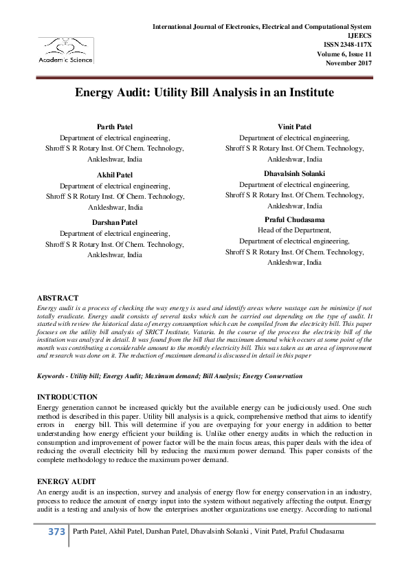 (PDF) 373 Energy Audit: Utility Bill Analysis in an Institute