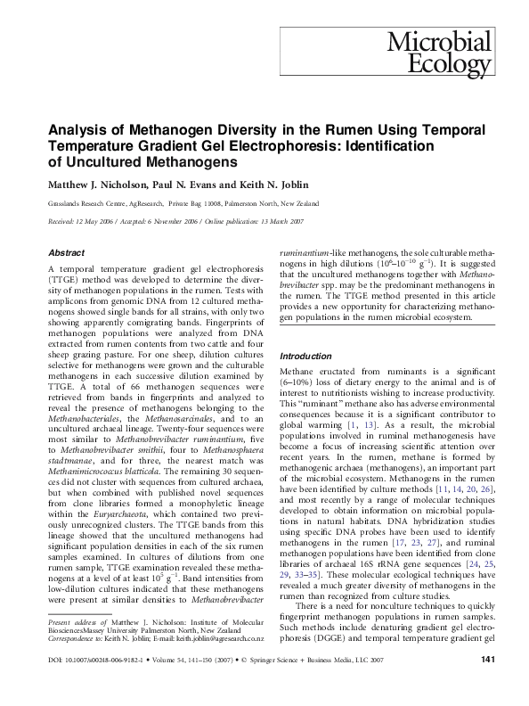(PDF) Analysis of Methanogen Diversity in the Rumen Using Temporal ...