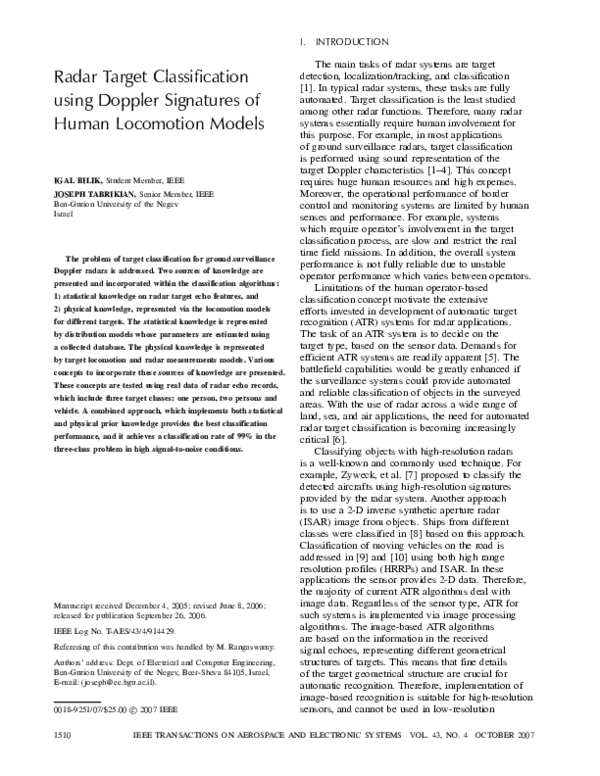 (PDF) Radar target classification using doppler signatures of human ...