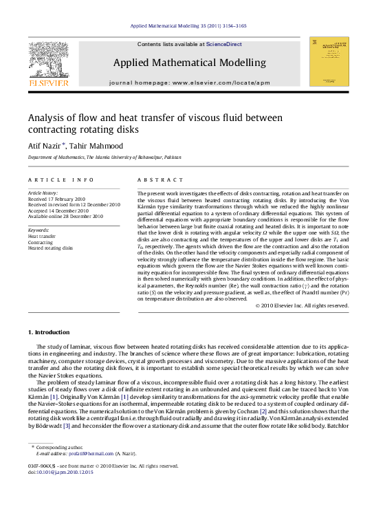 (PDF) Analysis of flow and heat transfer of viscous fluid between contracting rotating disks