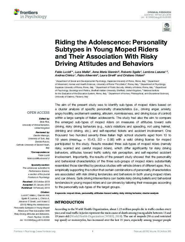 (PDF) Riding the Adolescence: Personality Subtypes in Young Moped Riders and Their Association ...