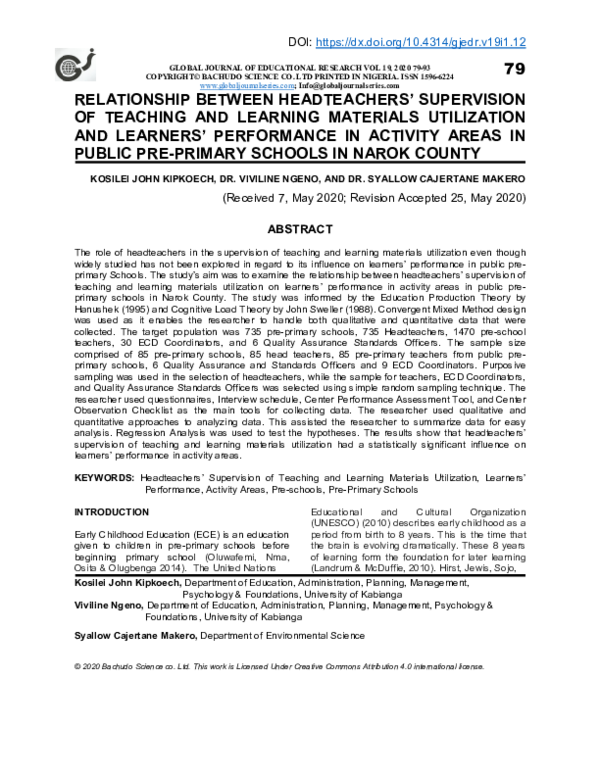 (PDF) Relationship between headteachers’ supervision of teaching and learning materials ...