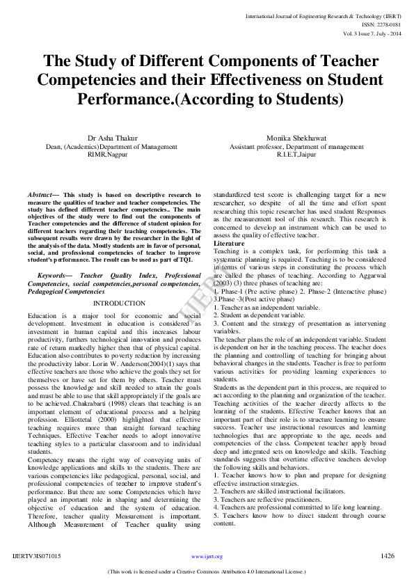 (PDF) The Study of Different Components of Teacher Competencies and ...