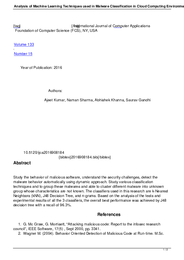 (PDF) Analysis of machine learning techniques used in behavior-based malware detection