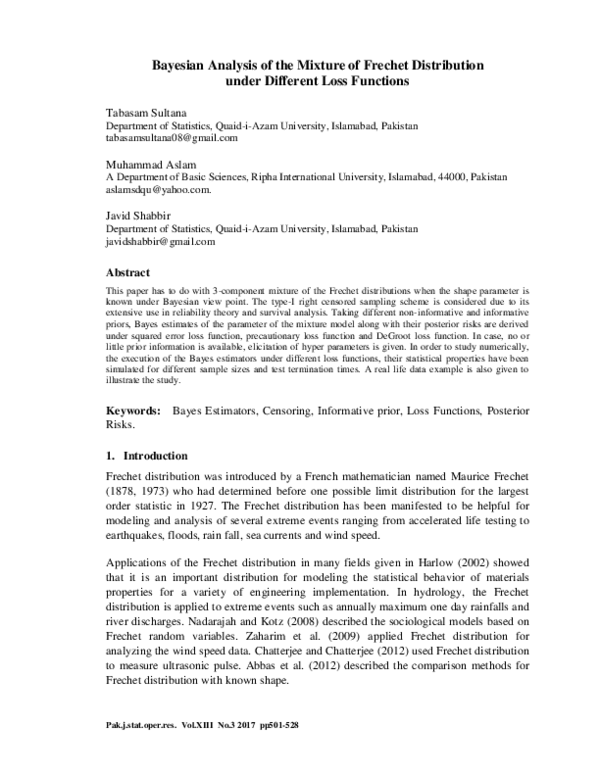(PDF) Bayesian Analysis of the Mixture of Frechet Distribution under Different Loss Functions