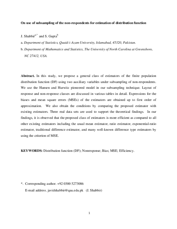 Pdf On Use Of Subsampling Of The Non Respondents For Estimation Of Distribution Function