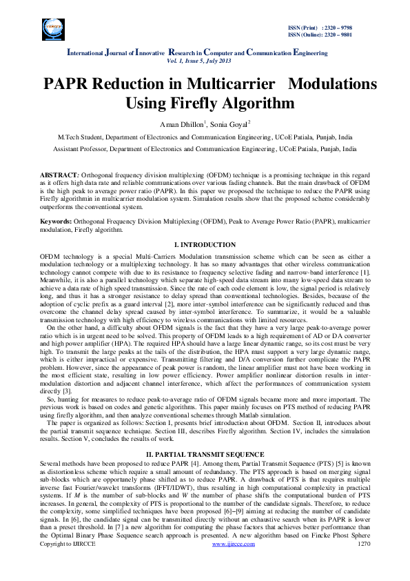 (PDF) PAPR Reduction in Multicarrier ModulationsUsing Firefly Algorithm