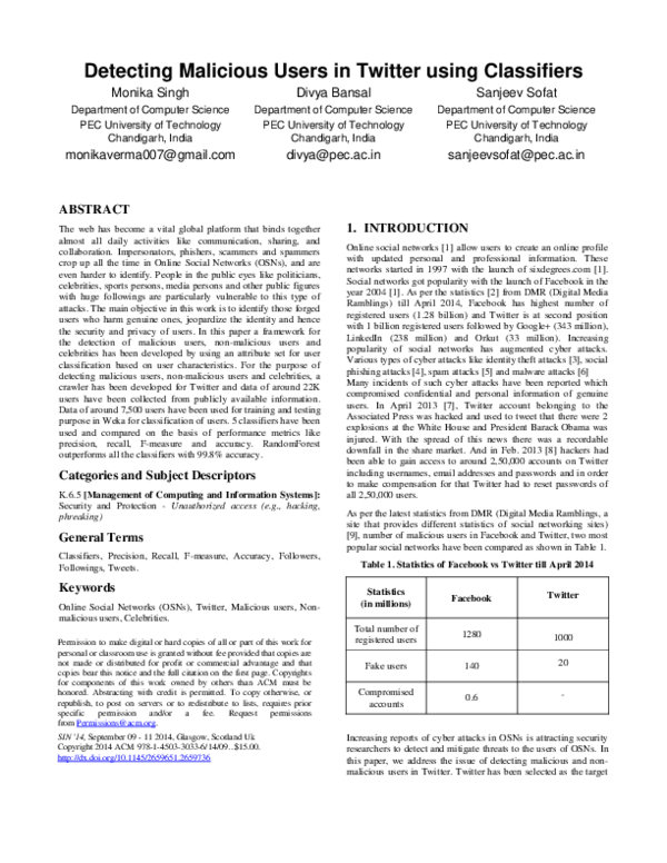 (PDF) Detecting Malicious Users in Twitter using Classifiers