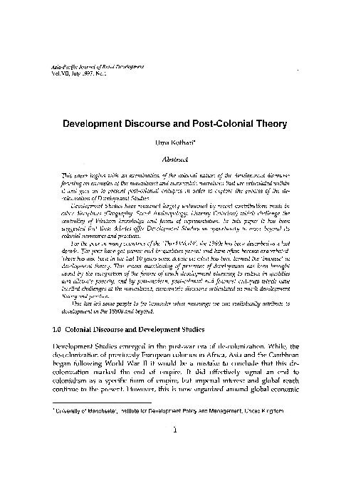 (PDF) Development Discourse and Post-Colonial Theory