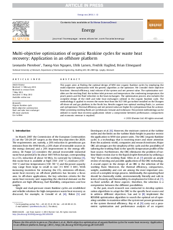 Pdf Multi Objective Optimization Of Organic Rankine Cycle Orc Design Considering Exergy