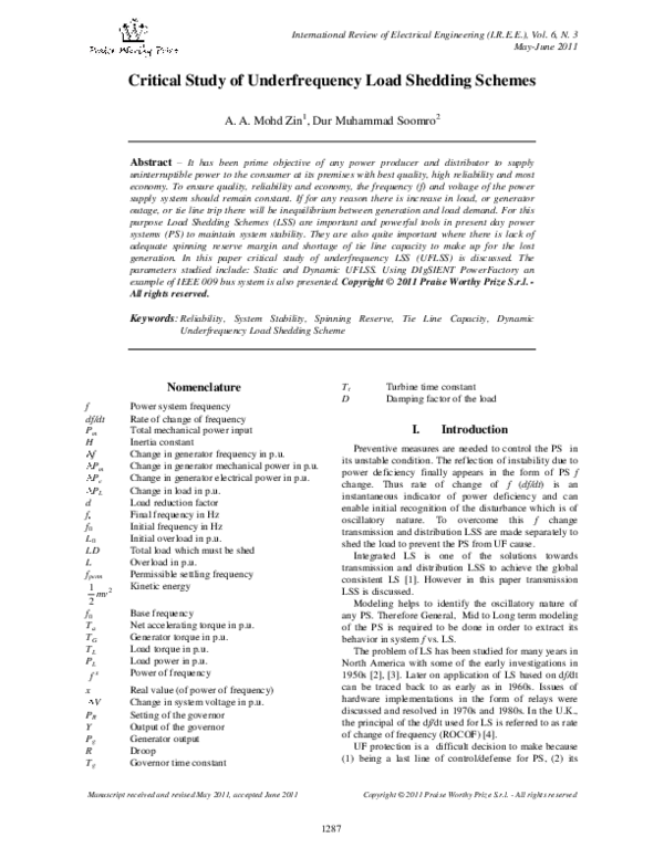 (PDF) Critical study of underfrequency load shedding schemes