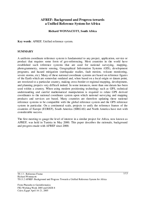 (PDF) AFREF: A Unified Geo-Referencing System for Africa