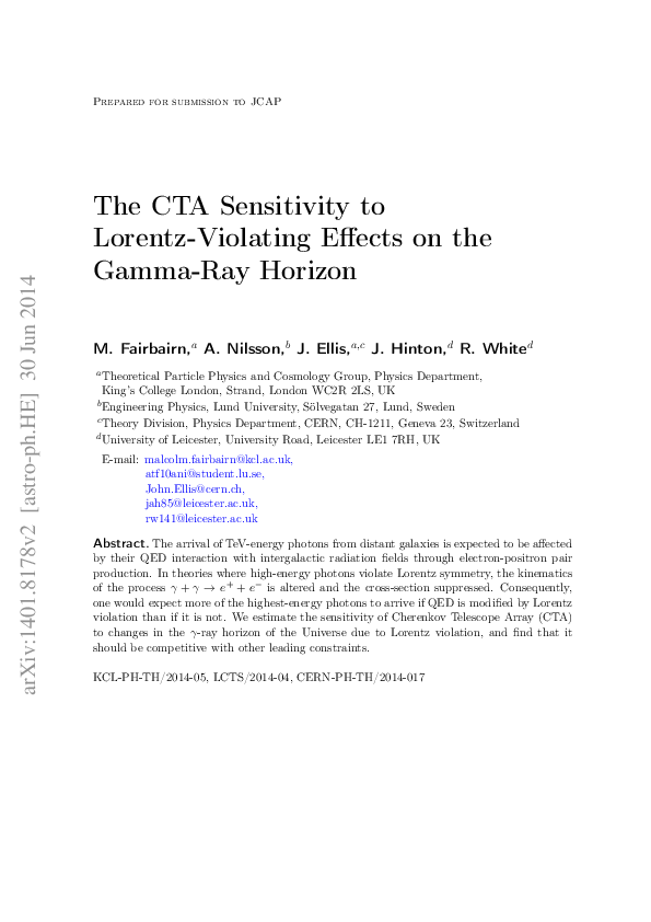 (PDF) Prepared for submission to JCAP The CTA Sensitivity to Lorentz ...