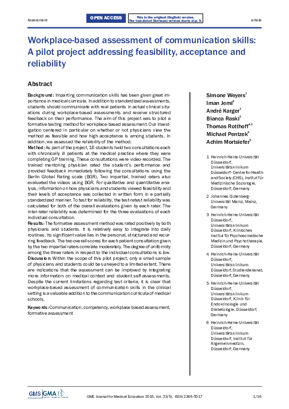 (PDF) Workplace-based assessment of communication skills: A pilot project addressing feasibility ...