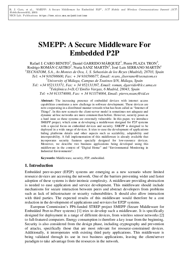 (PDF) SMEPP: A Secure Middleware For Embedded P2P