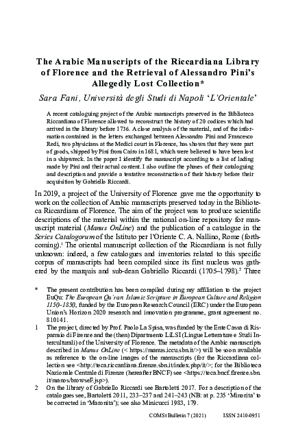 (PDF) The Arabic Manuscripts of the Riccardiana Library of Florence and ...