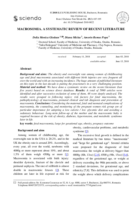 (PDF) Macrosomia. A Systematic Review of Recent Literature