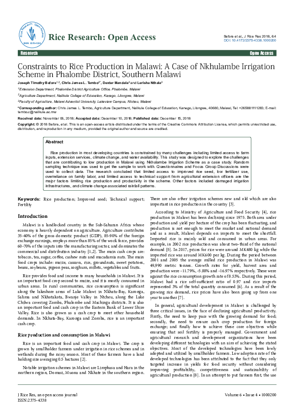(PDF) Constraints to Rice Production in Malawi: A Case of Nkhulambe ...
